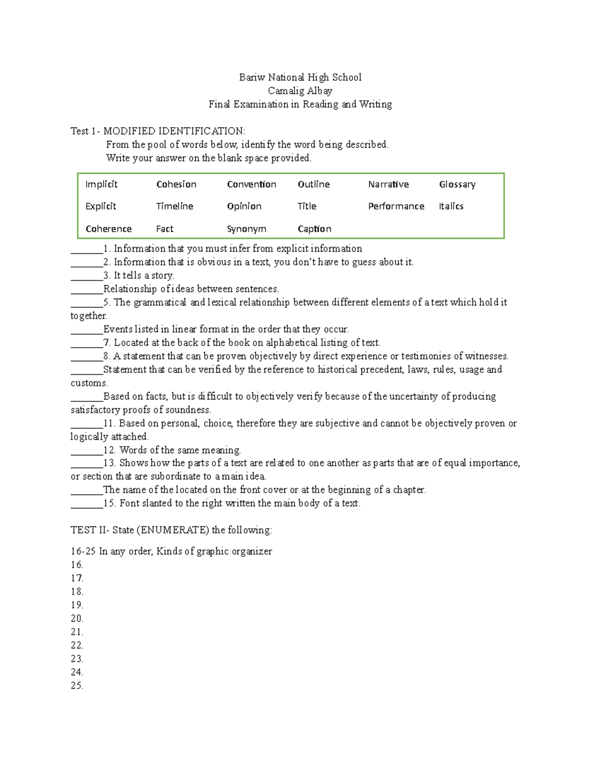 Final Exam in Reading and Writing - Bariw National High School Camalig ...
