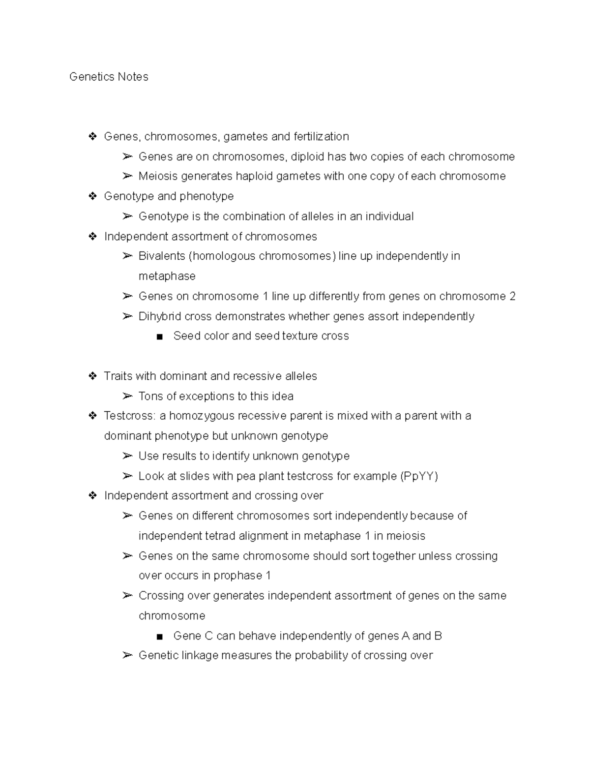 Genetics Notes - Genetics Notes Genes, chromosomes, gametes and ...