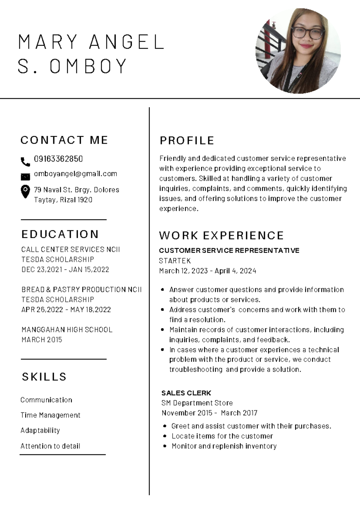 MARY Angel S . Omboy - Sample Resume - M A R Y A N G E L S. O M B O Y ...