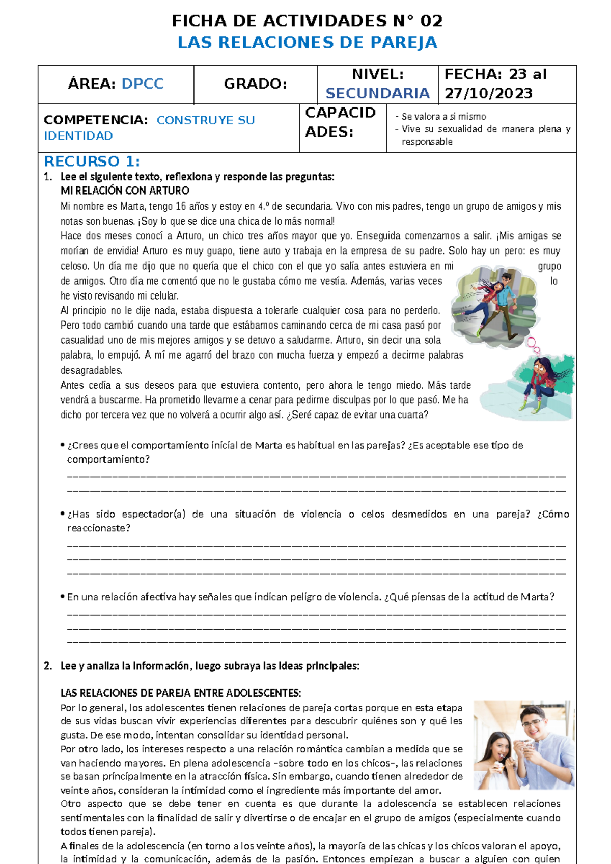 Unidad 7 - Ficha - SEM 2 - DPCC 4° - FICHA DE ACTIVIDADES N° 02 LAS RELACIONES DE PAREJA ÁREA ...