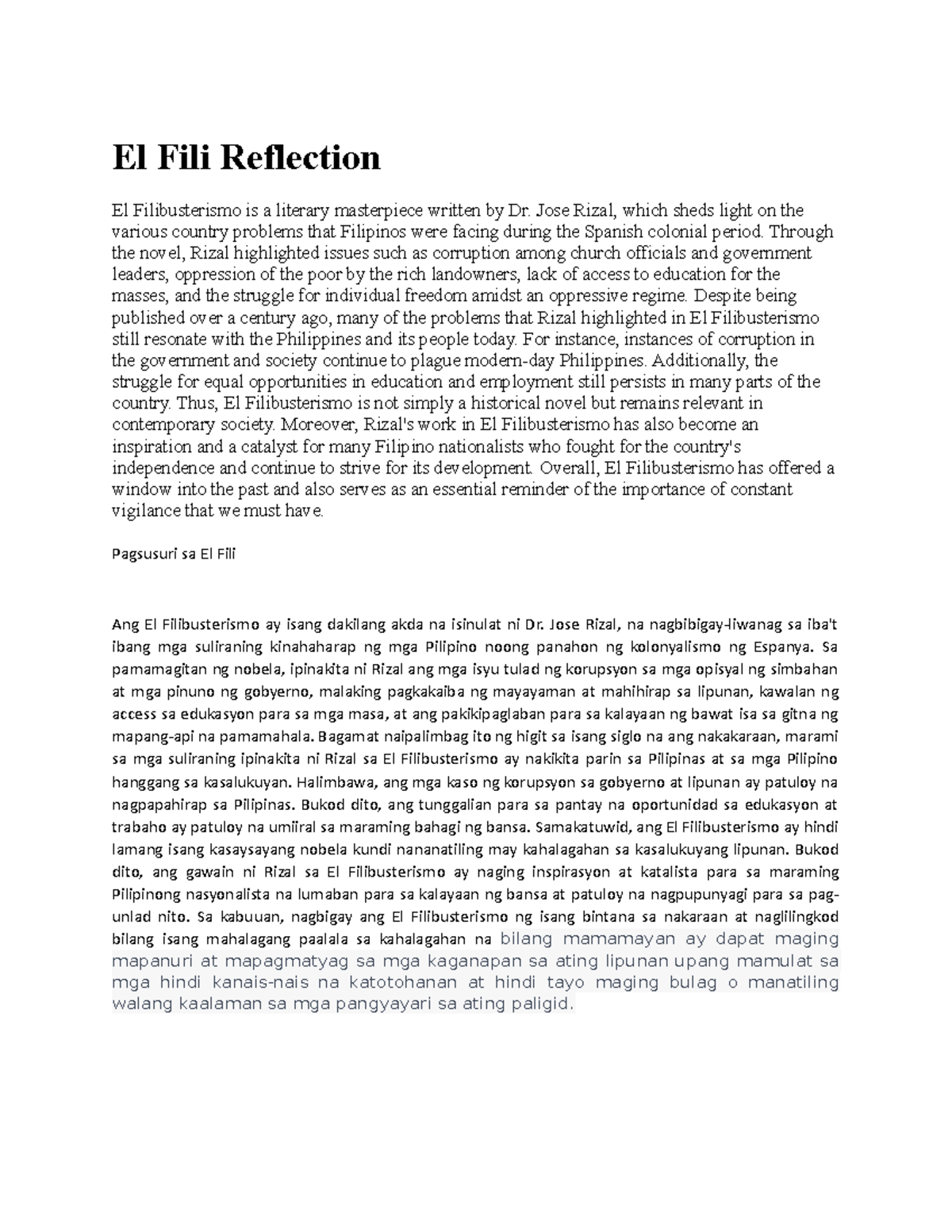 El Fili Reflection - El fili - El Fili Reflection El Filibusterismo is ...