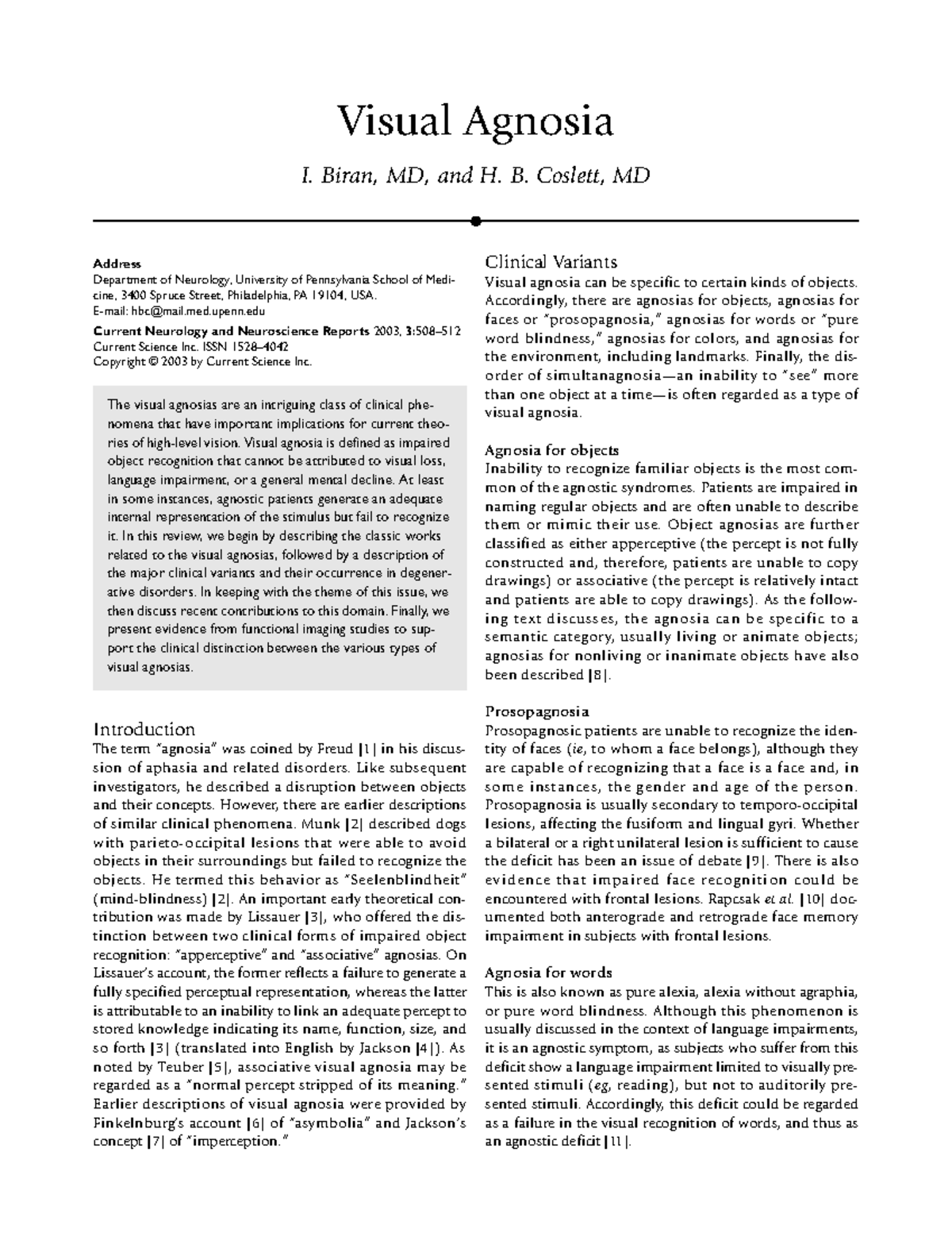 Overview agnosia 2 - Visual Agnosia I. Biran, MD, and H. B. Coslett, MD ...