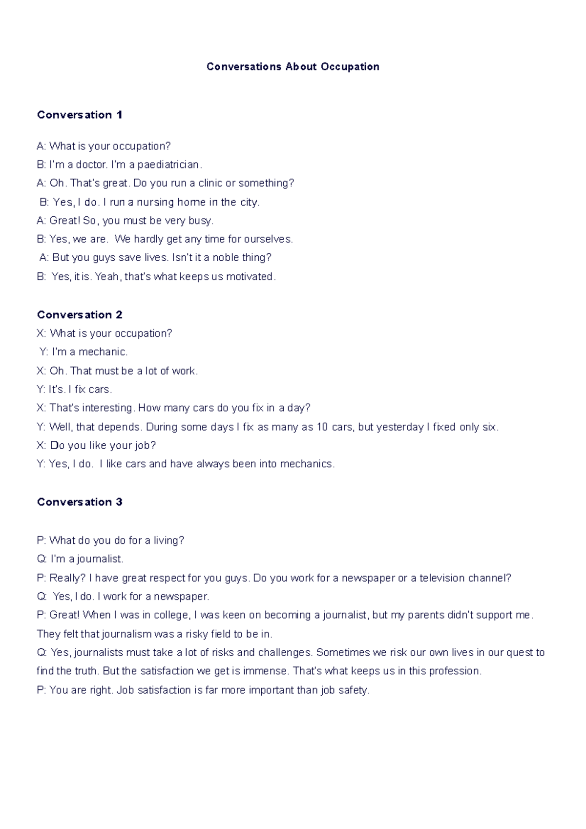 Short Dialogues Occupation - Conversations About Occupation ...