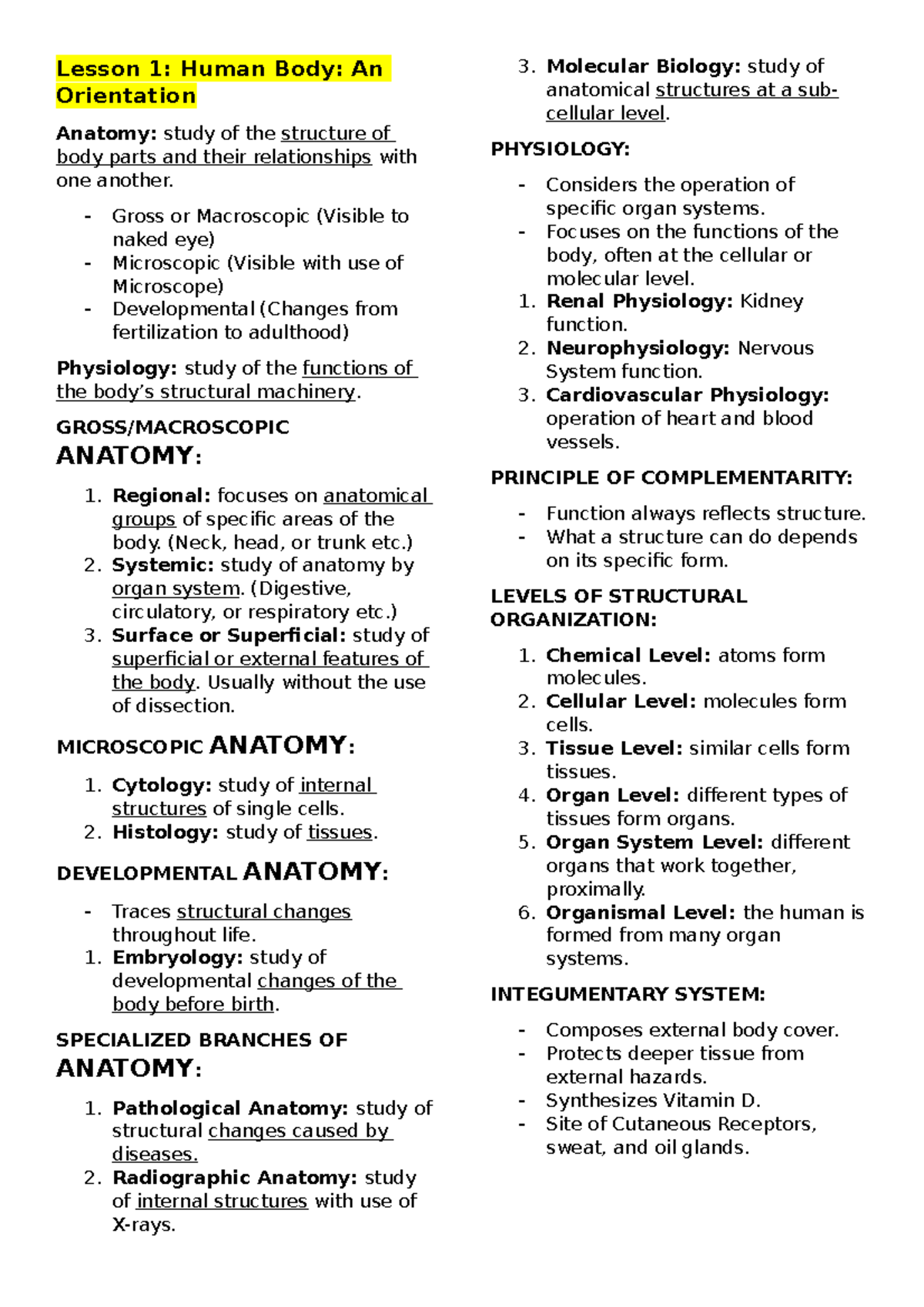 Anaphy-Lesson-1 - Lecture notes 3 - Lesson 1: Human Body: An ...
