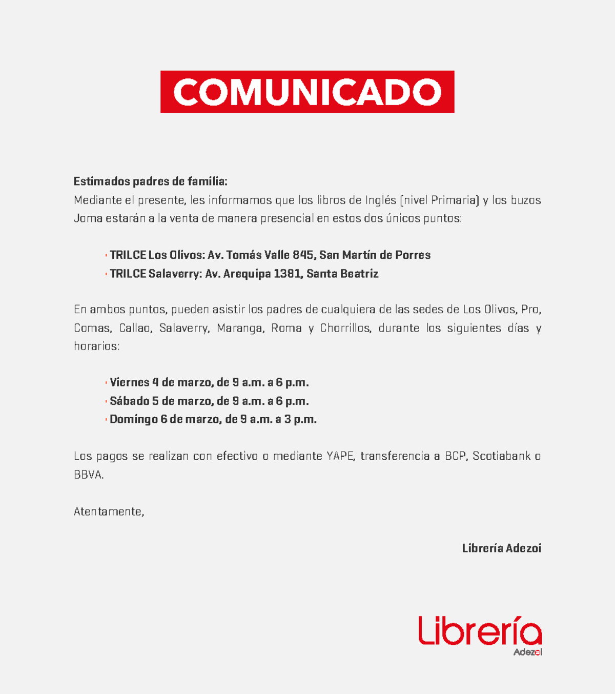 Comunicado Venta Libros Inglés - Buzos - Estimados padres de familia ...