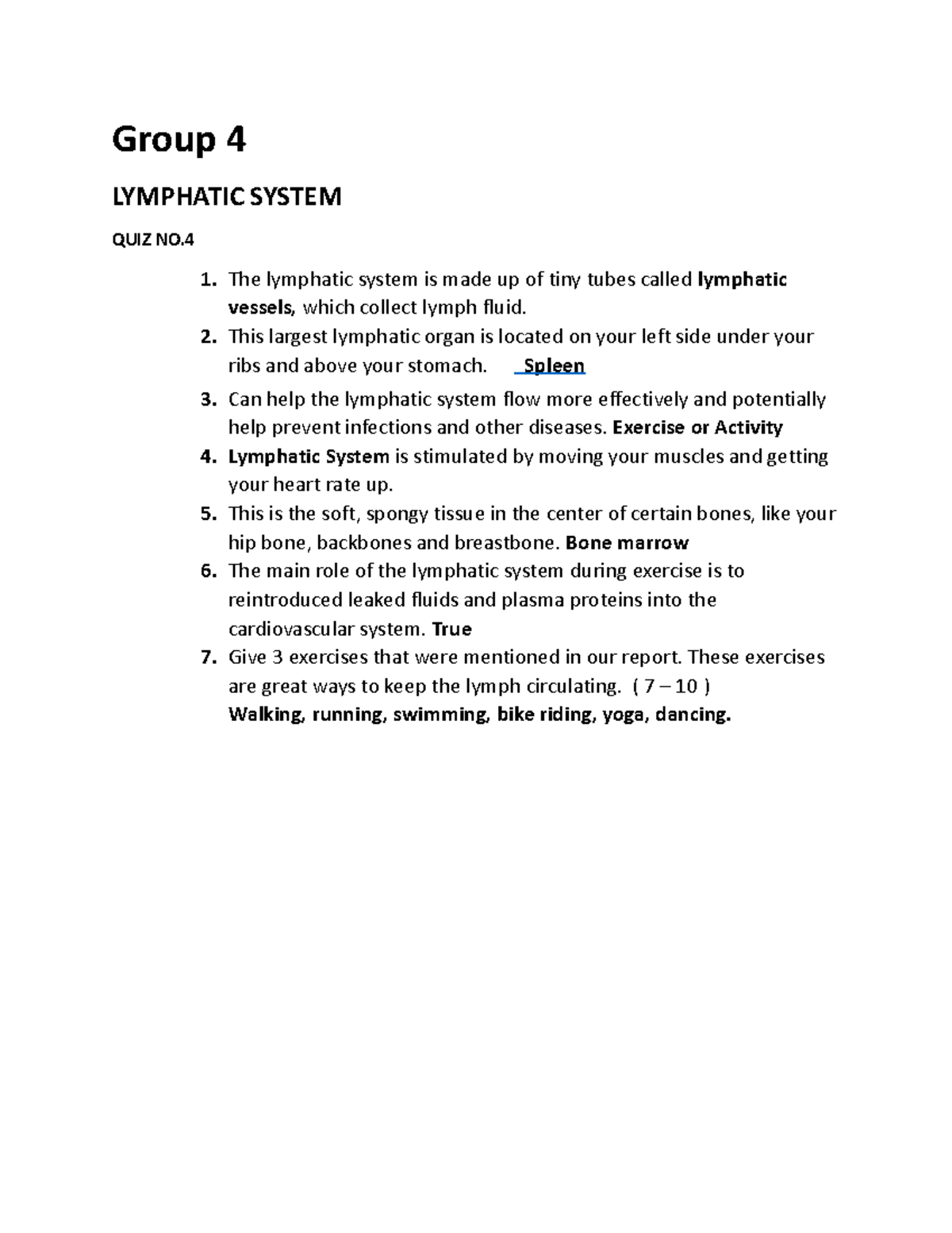 Group 4-QUIZ-1-15 - Quiz Lympathic System - Group 4 LYMPHATIC SYSTEM ...