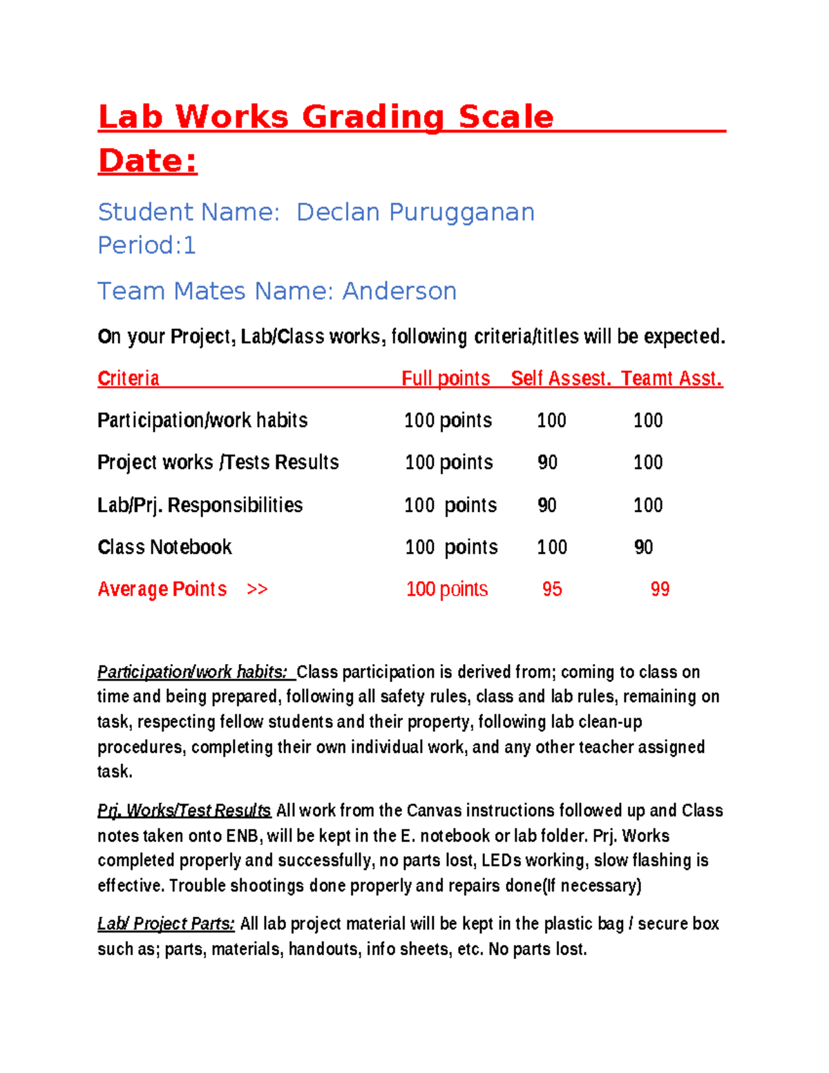 Lab Works Grading Scale HLP - Lab Works Grading Scale Date: Student ...