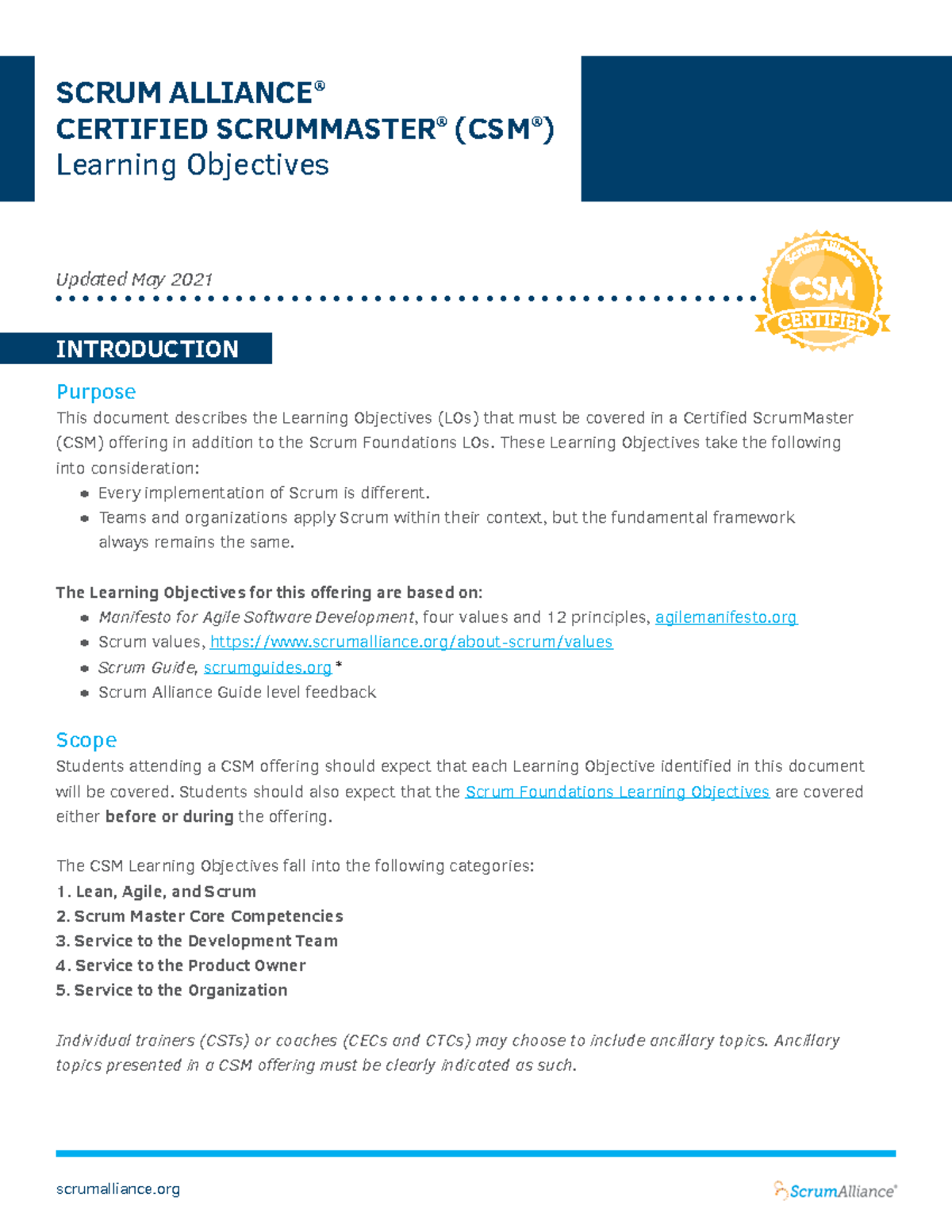 E CSM LO 5-20-21 - Coursework - Updated May 2021 SCRUM ALLIANCE ...