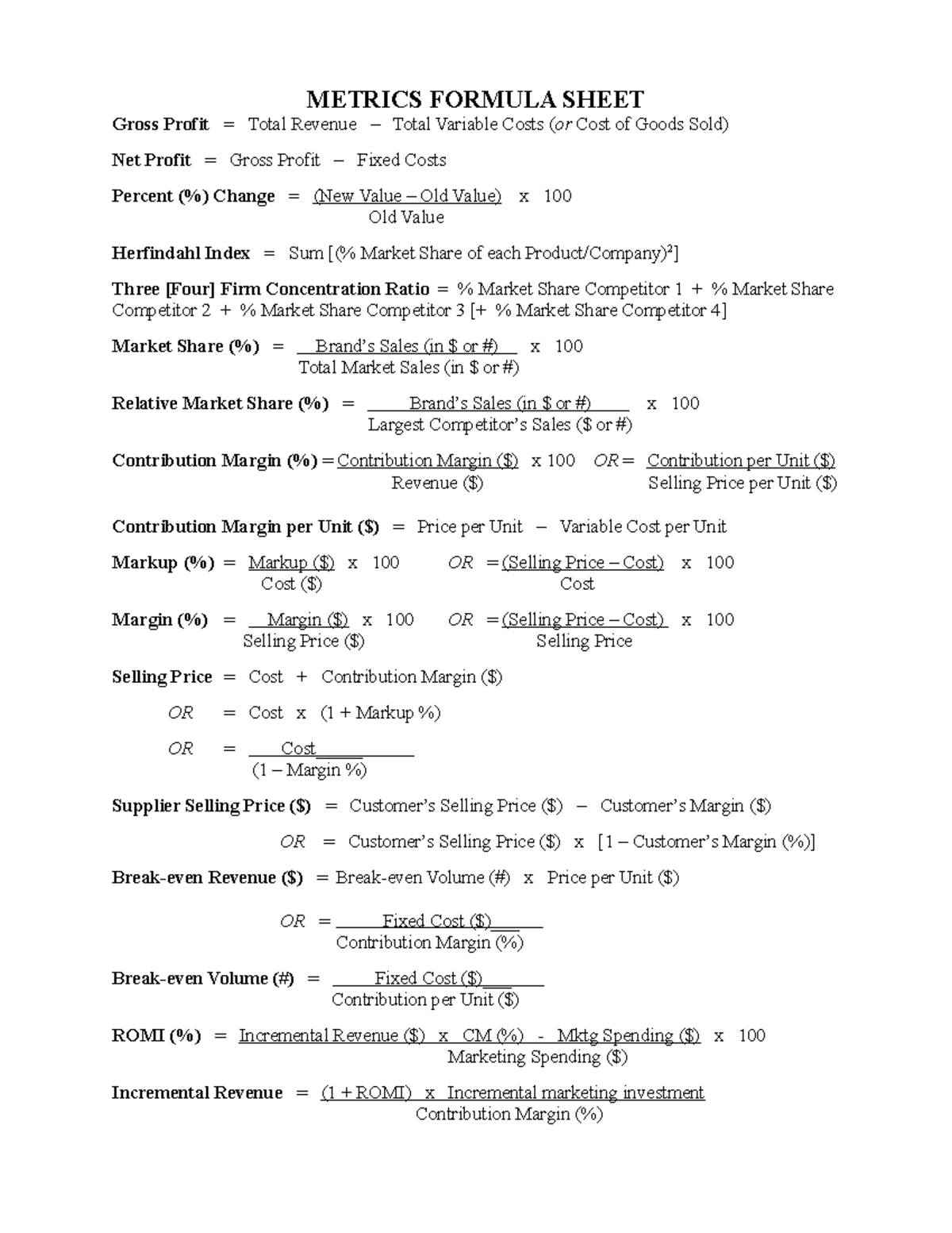 Metrics Formula Sheet - Summary Principles of Marketing - METRICS ...