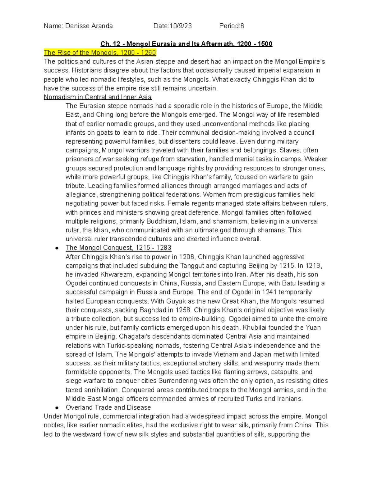 Ch.12- Mongols Guided Reading - Name: Denisse Aranda Date:10/9/23 ...