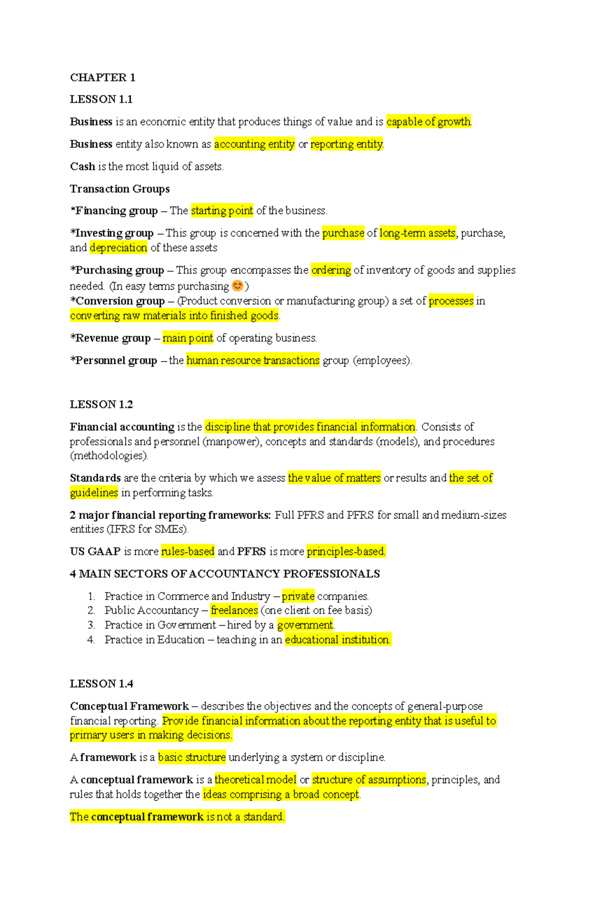Chapter 1 to 4 - CHAPTER 1 LESSON 1. Business is an economic entity ...