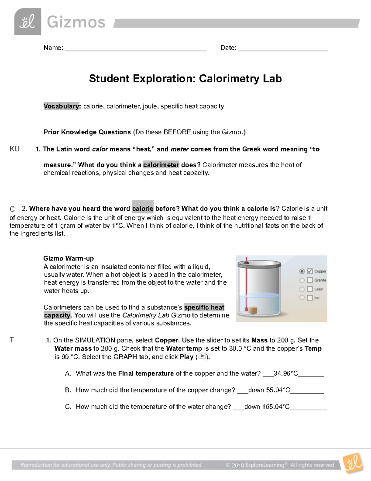 Calorimetry Lab - chem assignment - Name: ______________________________________ Date: - Studocu
