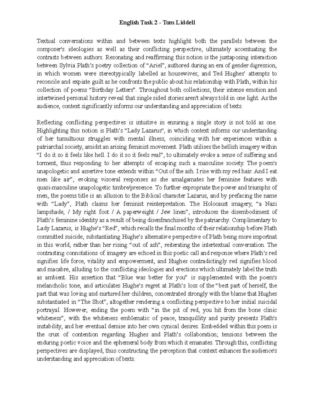 Copy of English Task 2 - Textual Converstations Essay - English Task 2 - Tom Liddell Textual ...