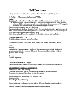 Civil Procedure Checklist - Essay Question Checklist Is there Subject ...