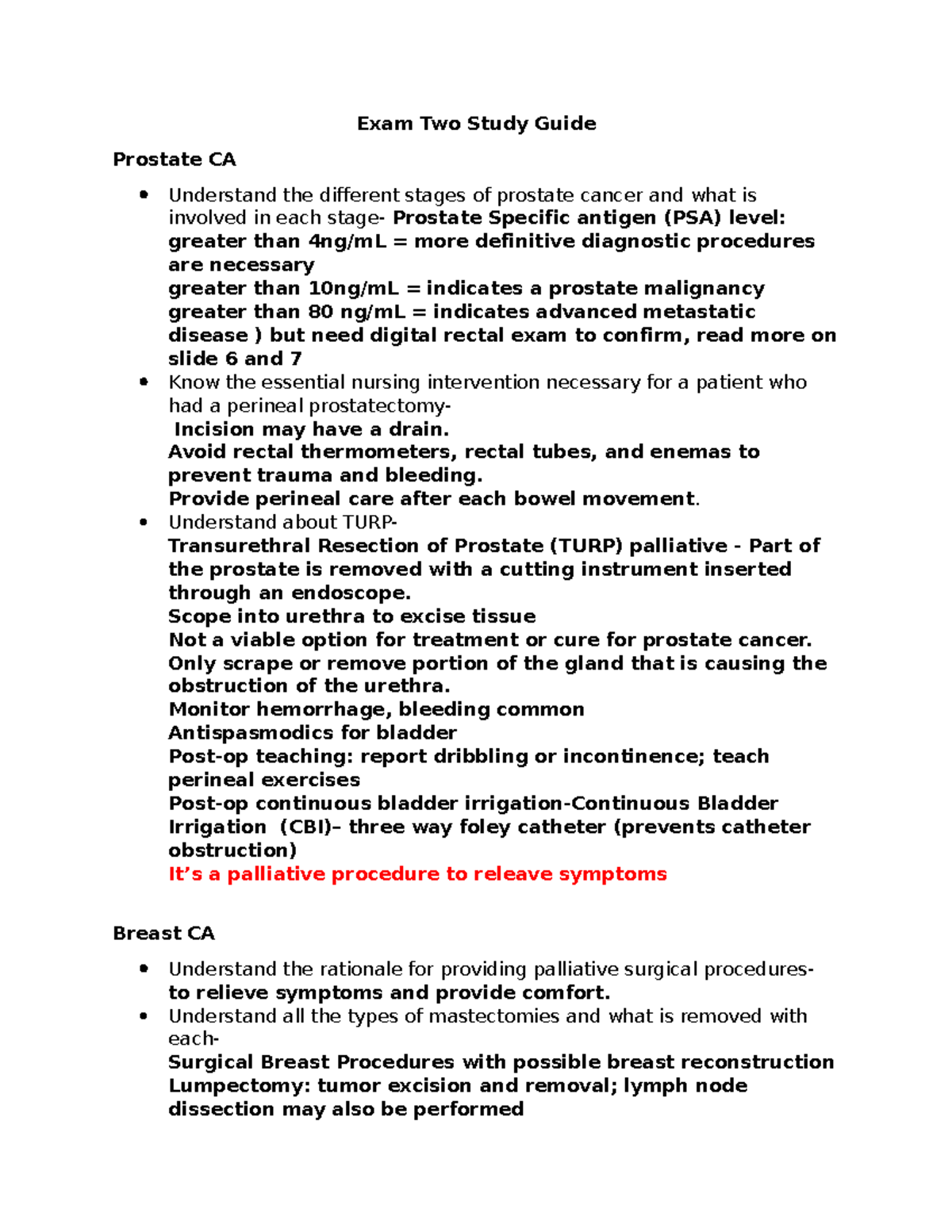 Exam Two Study Guide (2) - Exam Two Study Guide Prostate CA Understand ...
