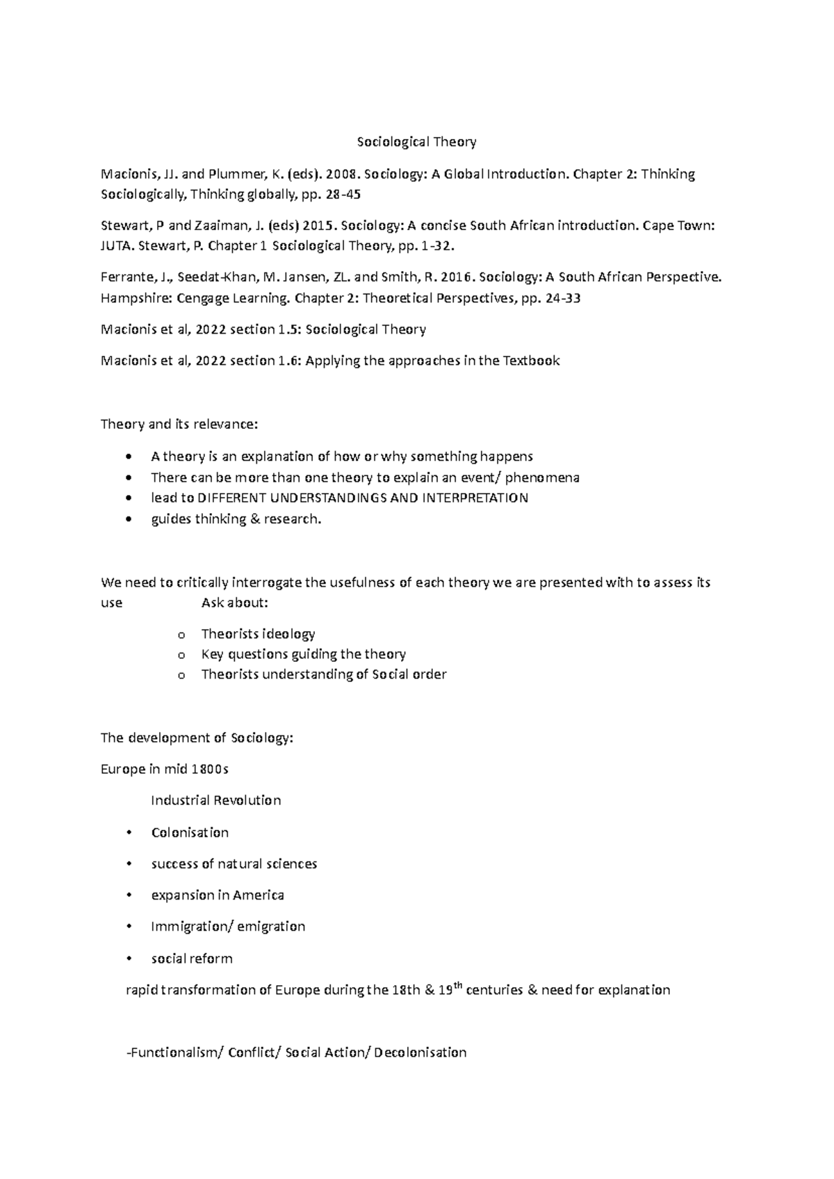 Sociological theory summary - Sociological Theory Macionis, JJ. and ...