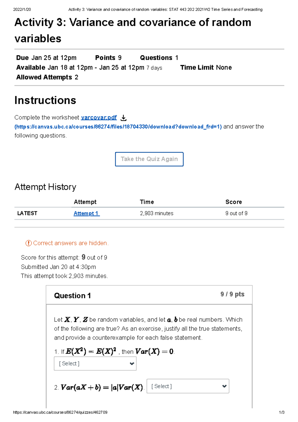 Quiz Activity 3 Variance And Covariance Of Random Variables Ubc