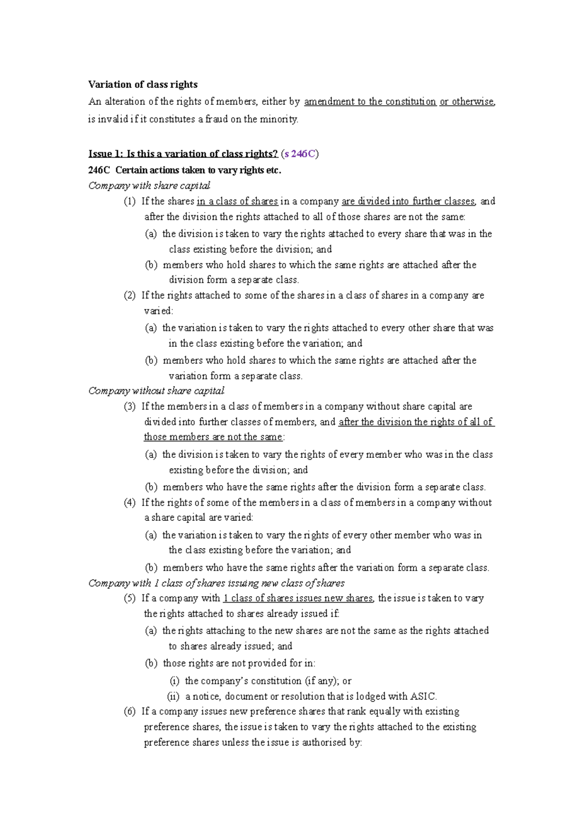 Variation of class rights - Issue 1: Is this a variation of class ...