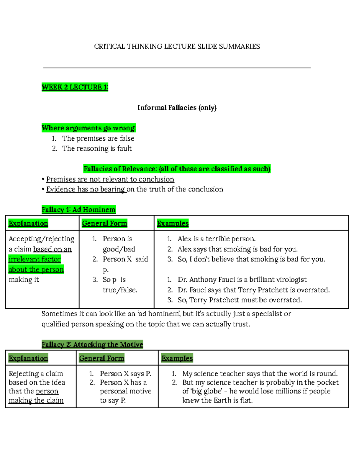 Critical Thinking Lecture Slide Summaries Week 2 - CRITICAL THINKING LECTURE SLIDE SUMMARIES ...