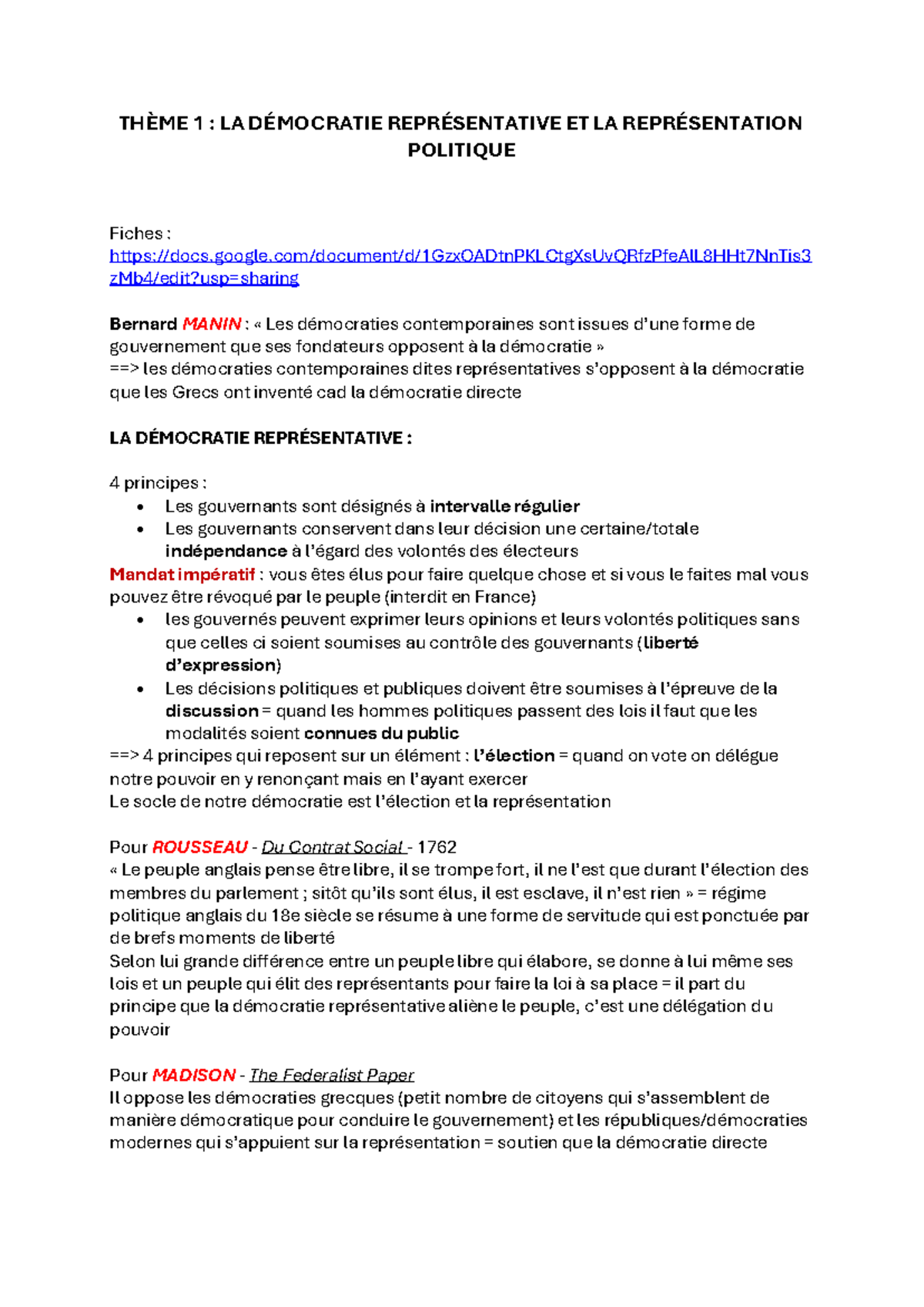 Thème 1: LA DÉMOCRATIE REPRÉSENTATIVE ET LA REPRÉSENTATION POLITIQUE ...