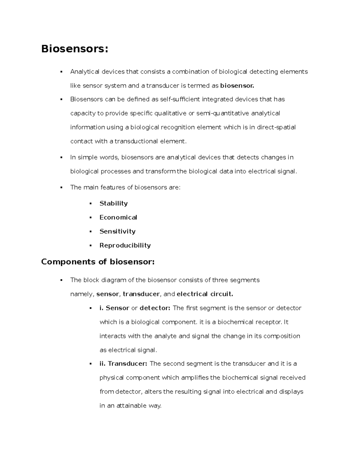 Biology Science 222 - Biosensors: Analytical devices that consists a ...
