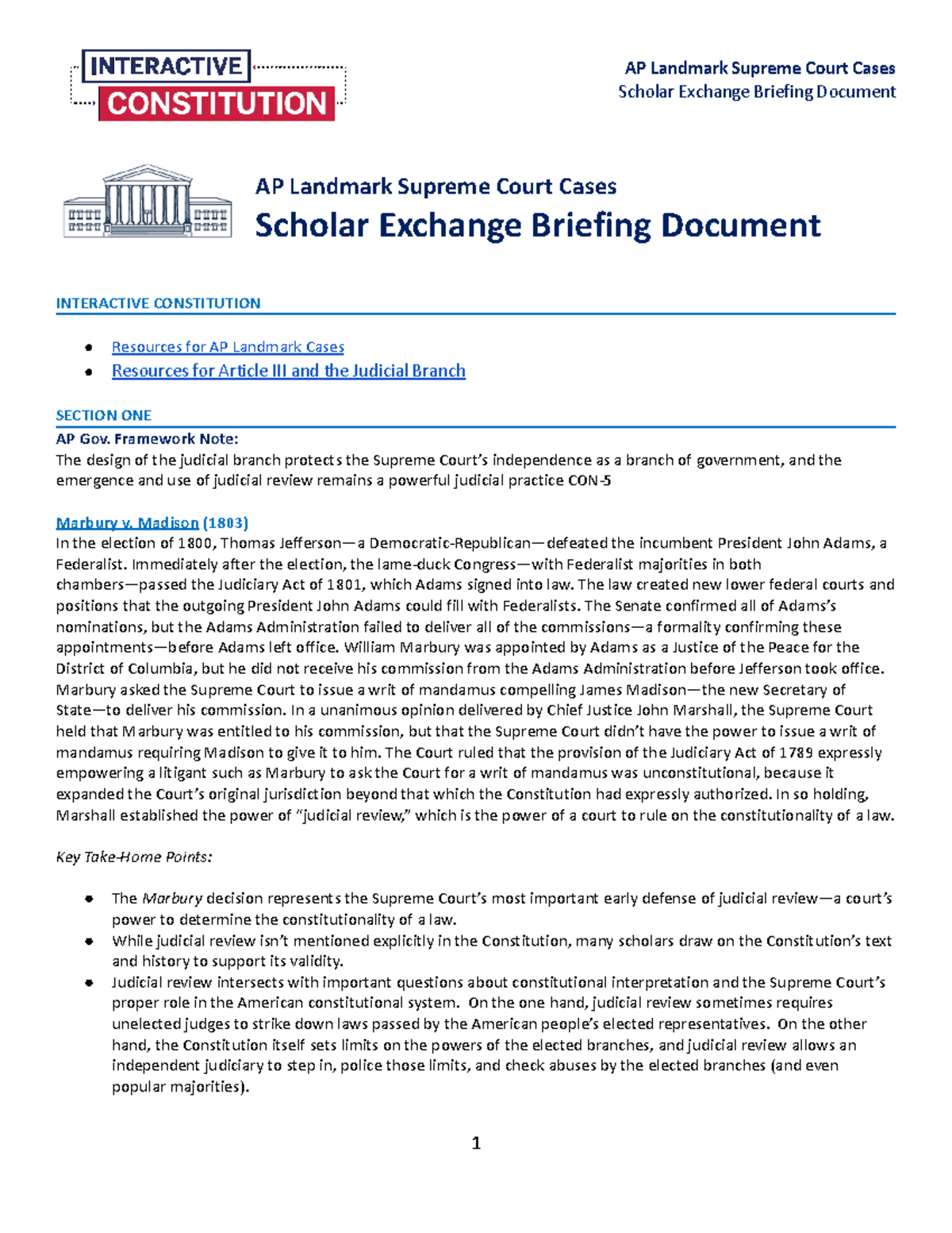AP Landmark Cases - Scholar Exchange Briefing Document AP Landmark ...