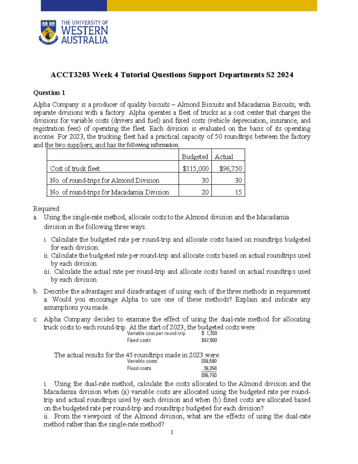 4 Week 4 Tute Questions Support Departments S2 2024 - ACCT3203 Week 4 Tutorial Questions Support ...