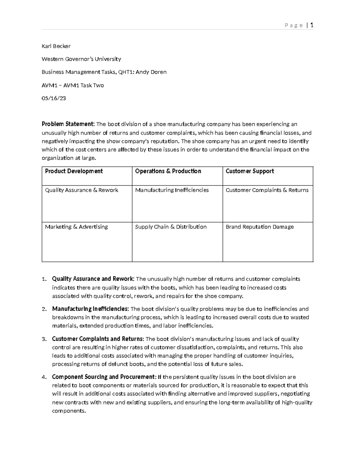 Business Management Tasks 2 - P a g e | 1 Karl Becker Western Governor ...