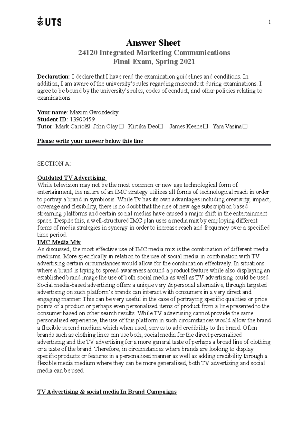 01 Answer Sheet 24210 IMC Final Exam Answer Sheet 24120 Integrated