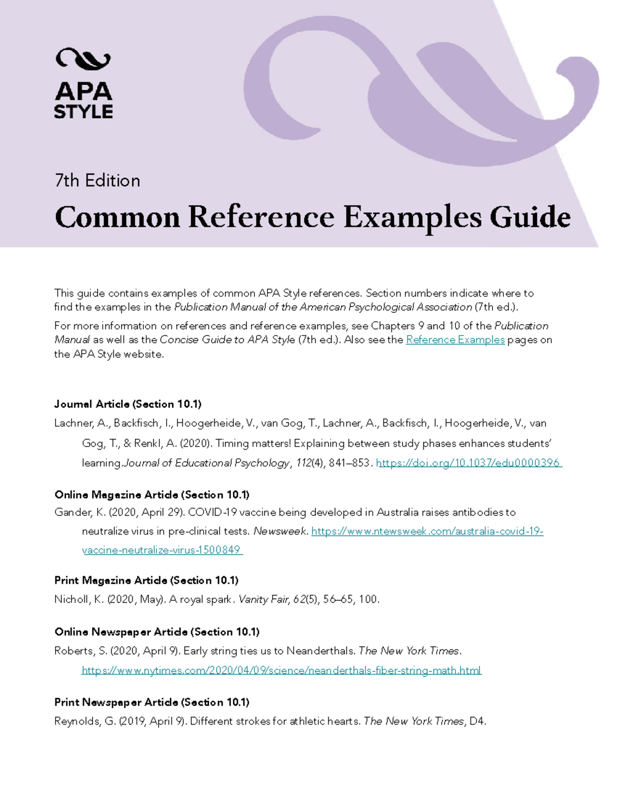 APA7 reference examples - 7th Edition Common Reference Examples Guide ...