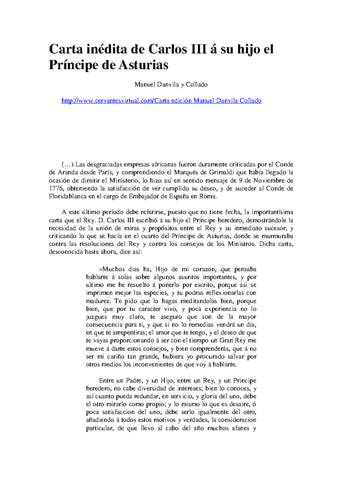 Carta inédita de Carlos III á su hijo el príncipe - Carta inédita de ...