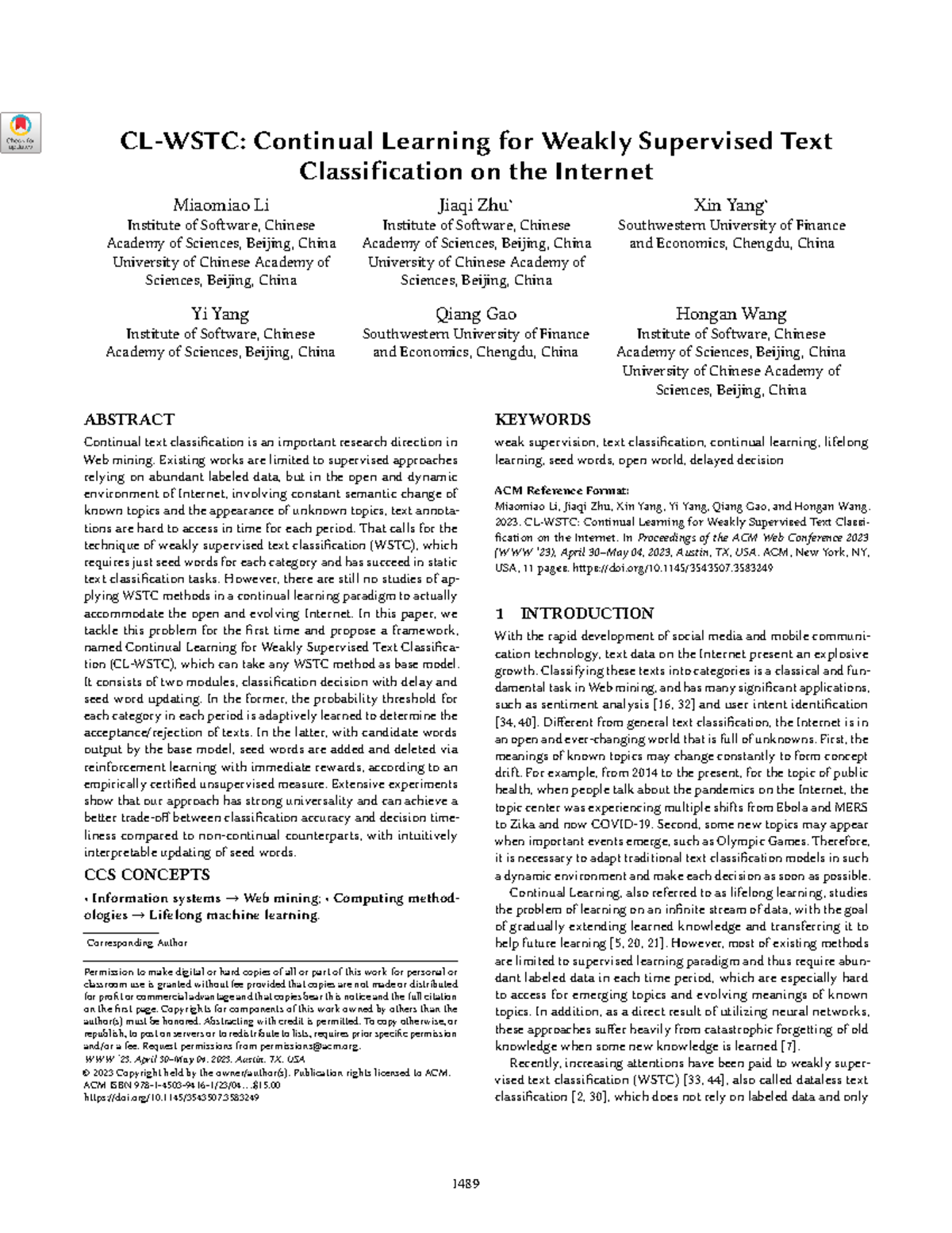 3543507 - CL-WSTC: Continual Learning for Weakly Supervised Text Classification on the Internet ...