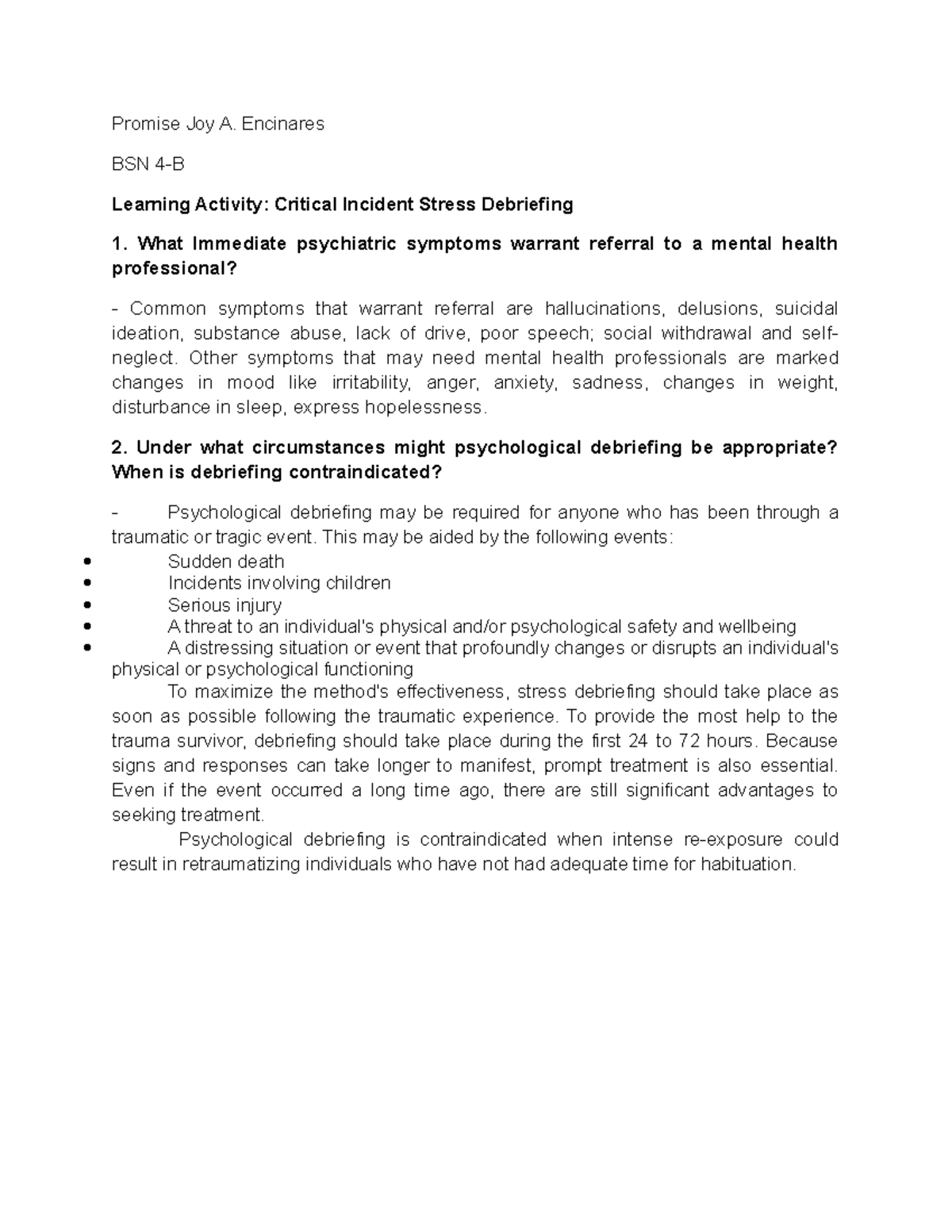 Encinares Bsn 4b None Promise Joy A Encinares Bsn 4 B Learning Activity Critical Incident