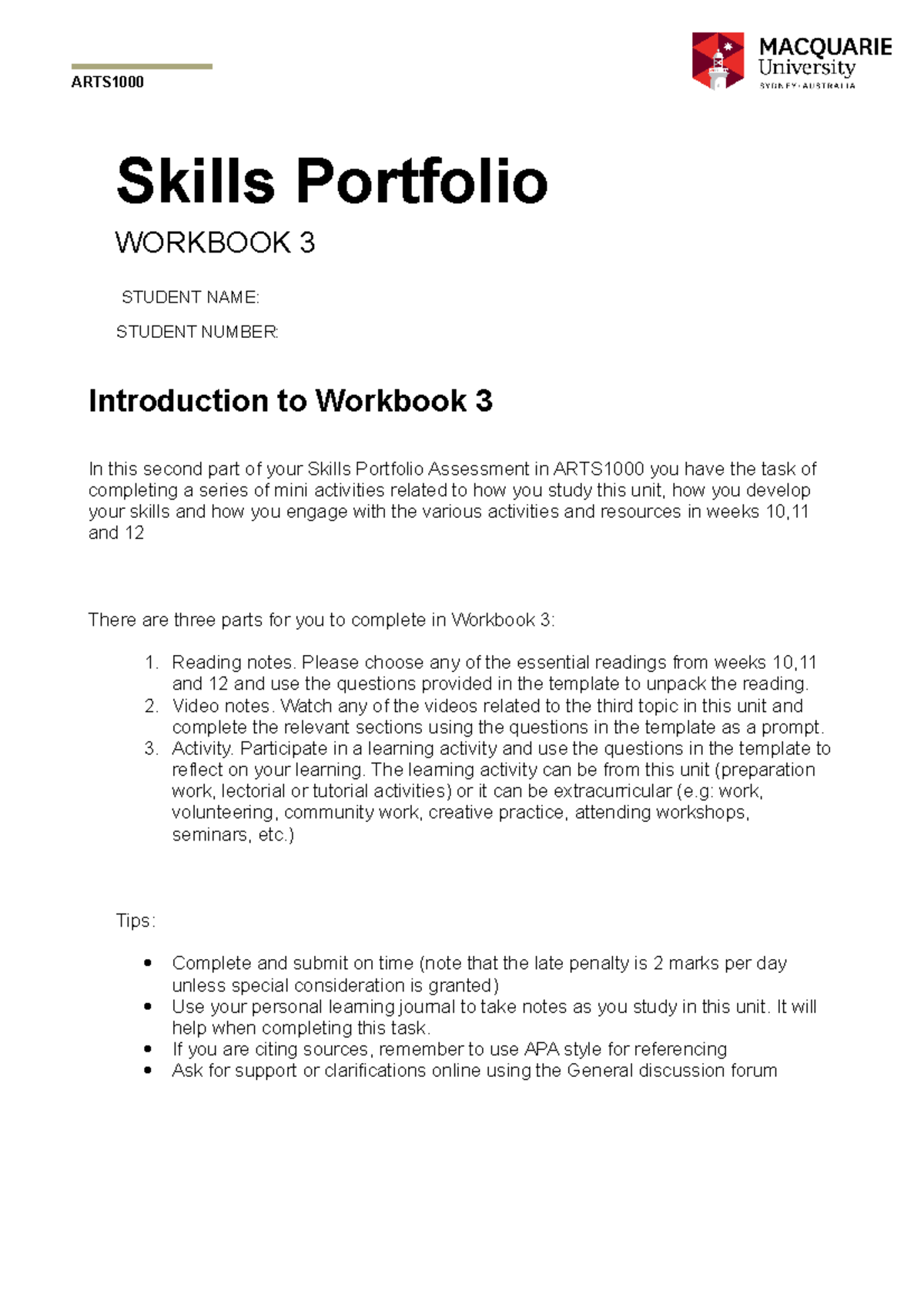 ARTS1000 Workbook 3 Final - Skills Portfolio WORKBOOK 3 STUDENT NAME ...