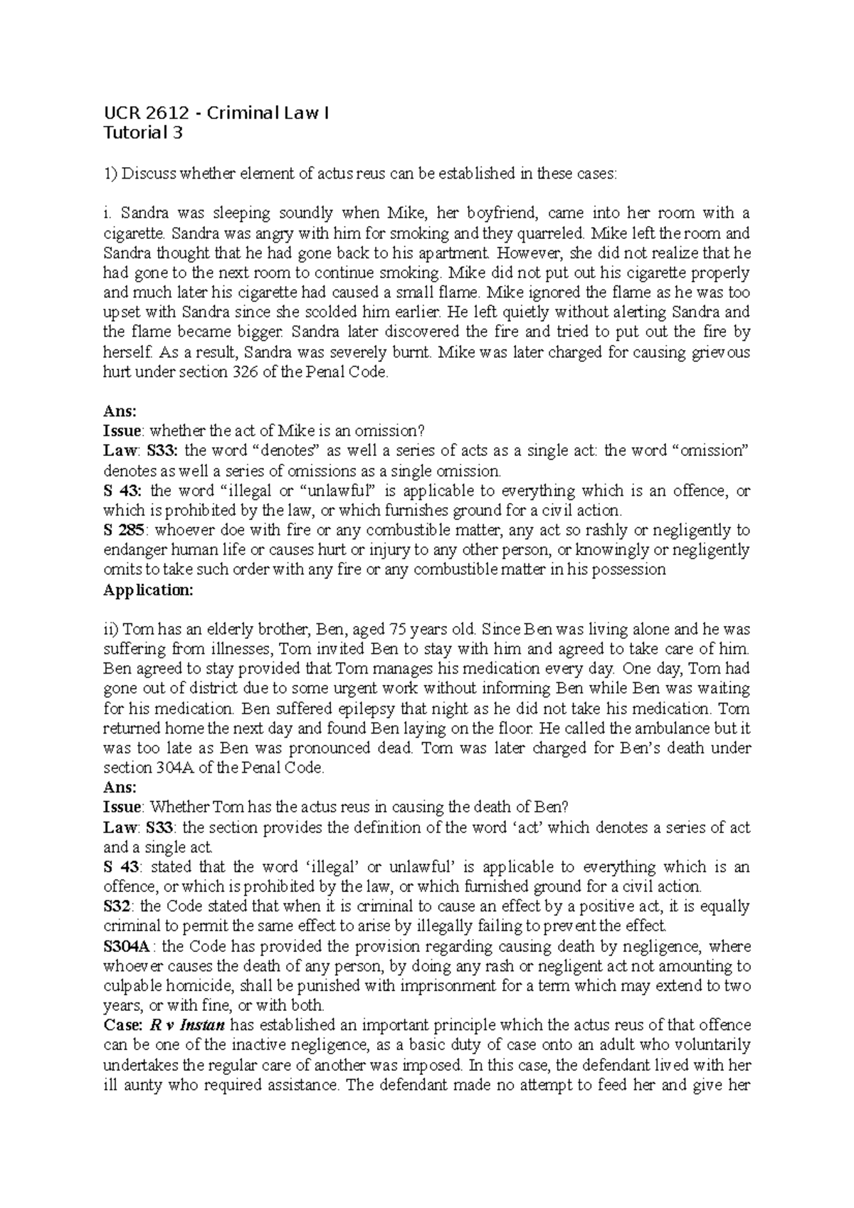Tutorial 2 UCL2612 .... .... .... ... - UCR 2612 - Criminal Law I ...