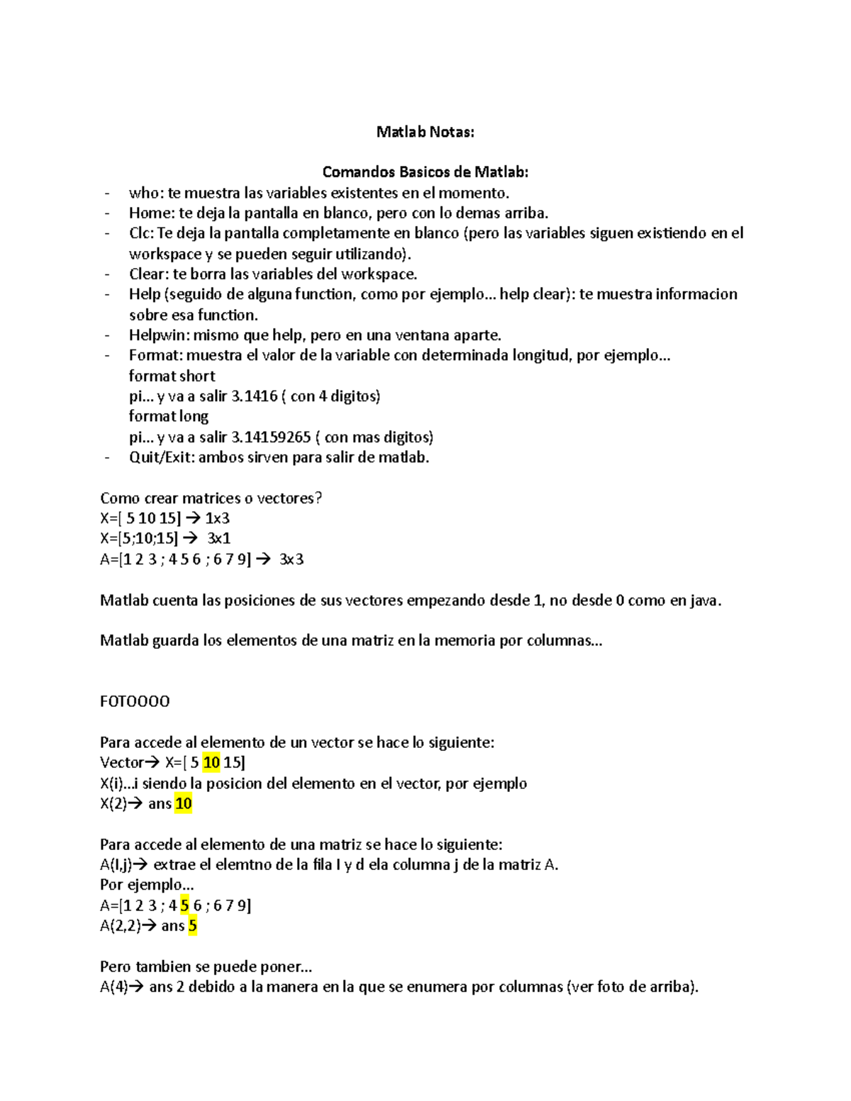 Matlab Notas - Apuntes 1,2,3-7 - Matlab Notas: Comandos Basicos de ...