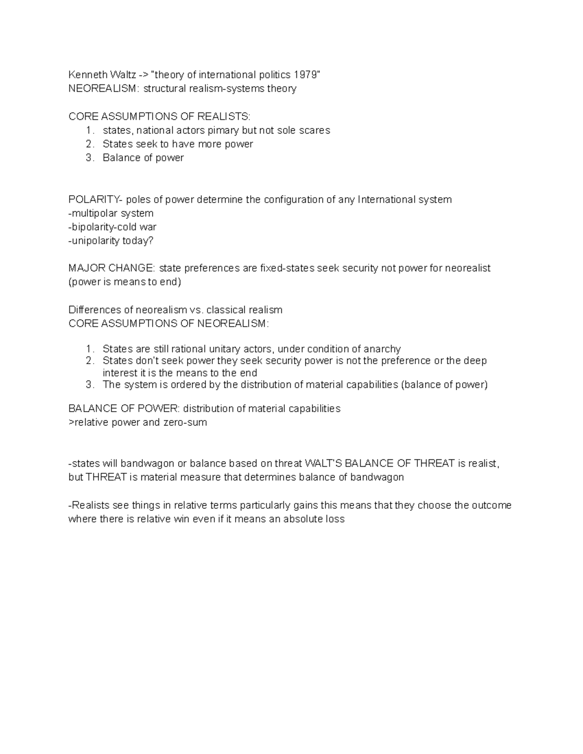 Neorealism - Lecture notes 1.4 - Kenneth Waltz -> “theory of ...