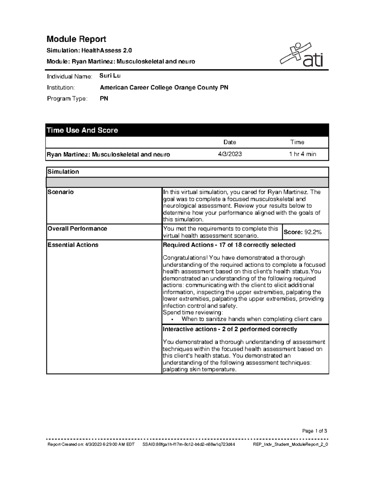 Ryan martinez virtual - ati report - Module Report Simulation ...