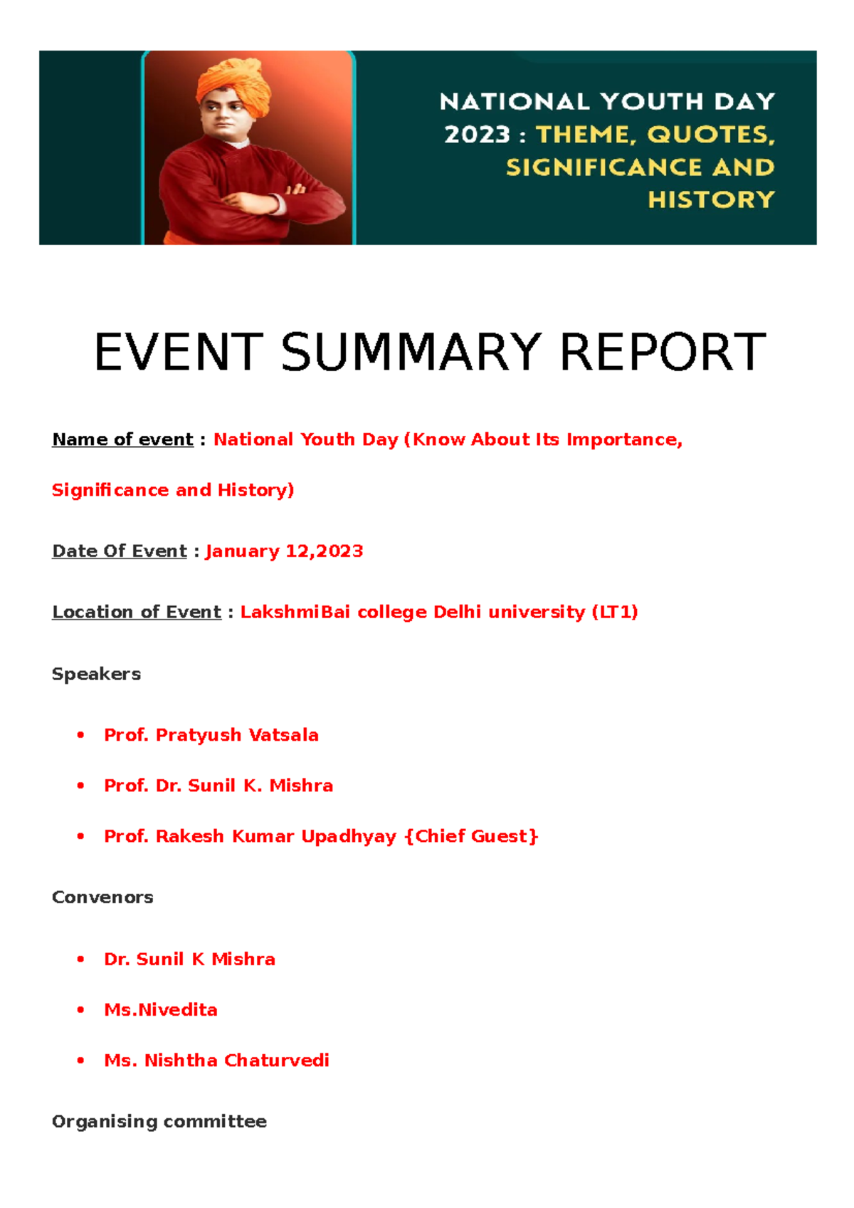 Event Summary Report - EVENT SUMMARY REPORT Name of event : National ...