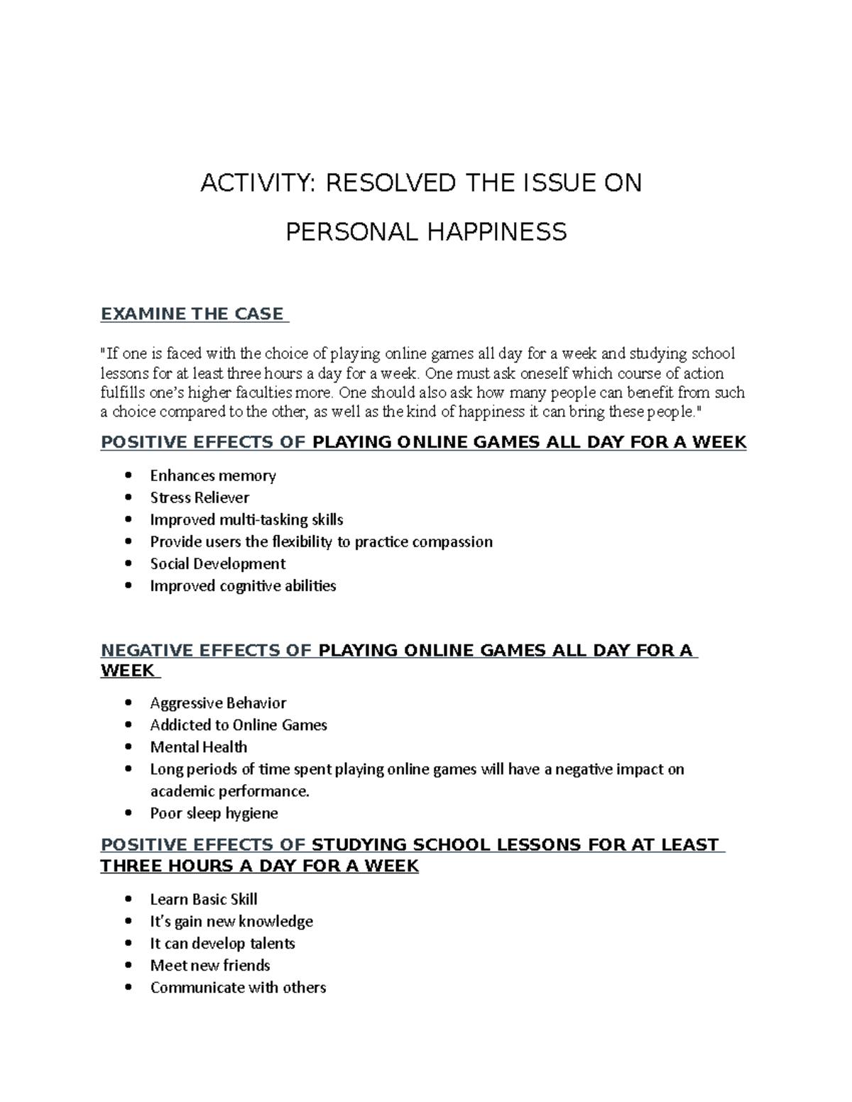 Activity Resolved THE Issue ON Happiness - ACTIVITY: RESOLVED THE ISSUE ...