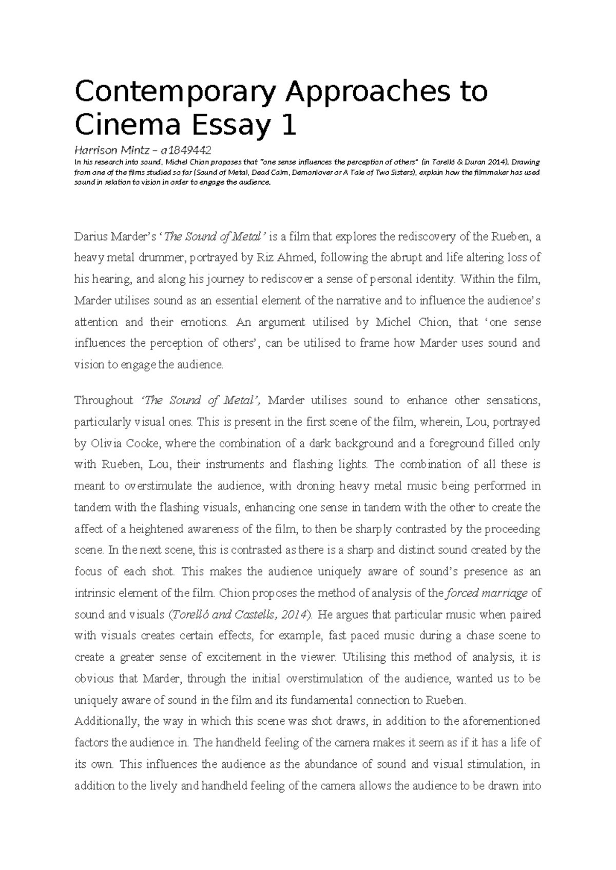 Contemporary Approaches to Cinema Essay 1 - Contemporary Approaches to ...