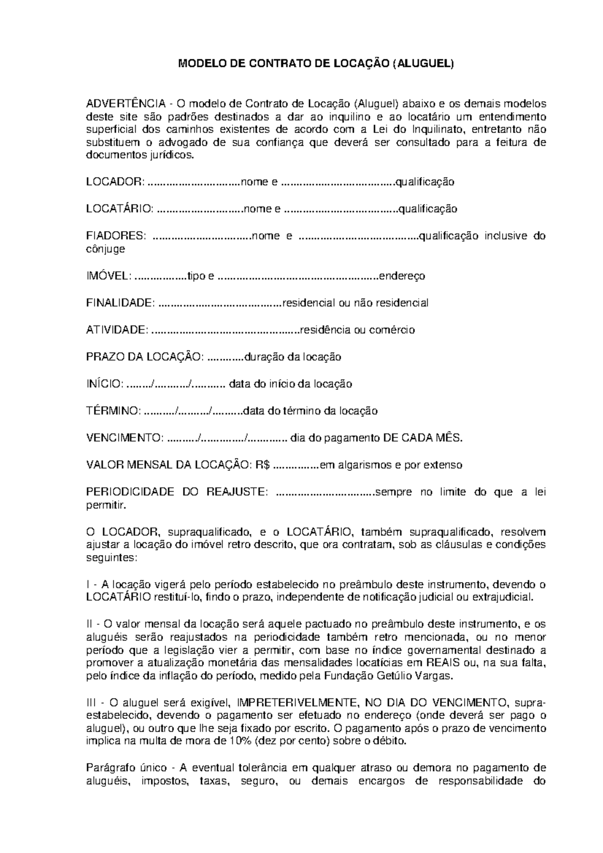 Modelo de Contrato de Locação (Aluguel) - LOCADOR ...