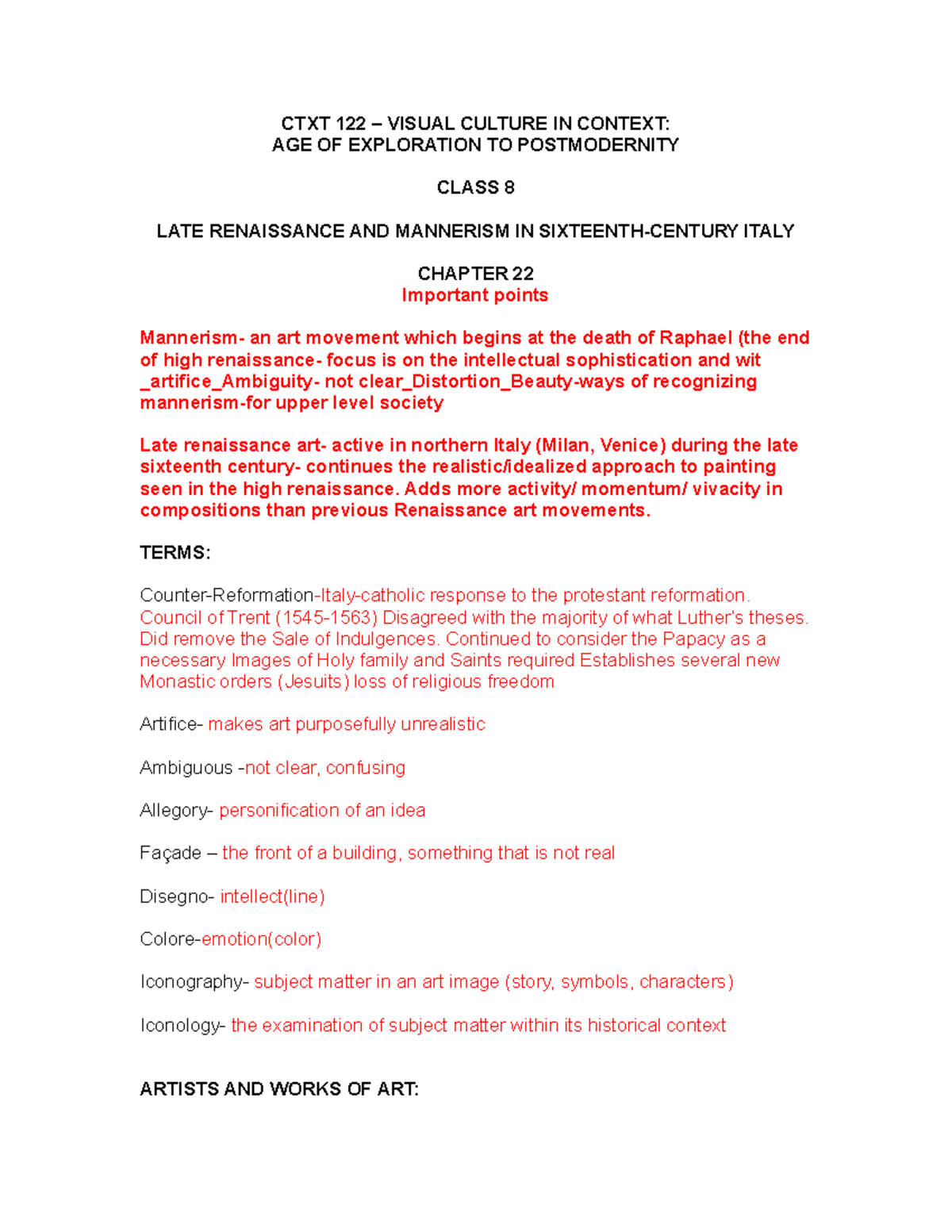 Class 08 Mannerism Late Renaissance - CTXT 122 – VISUAL CULTURE IN ...