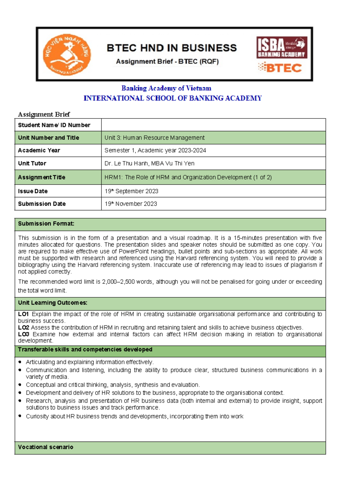 HRM A1 AB F16 Sunderland - Assignment Brief Student Name/ ID Number Unit Number and Title Unit 3 ...