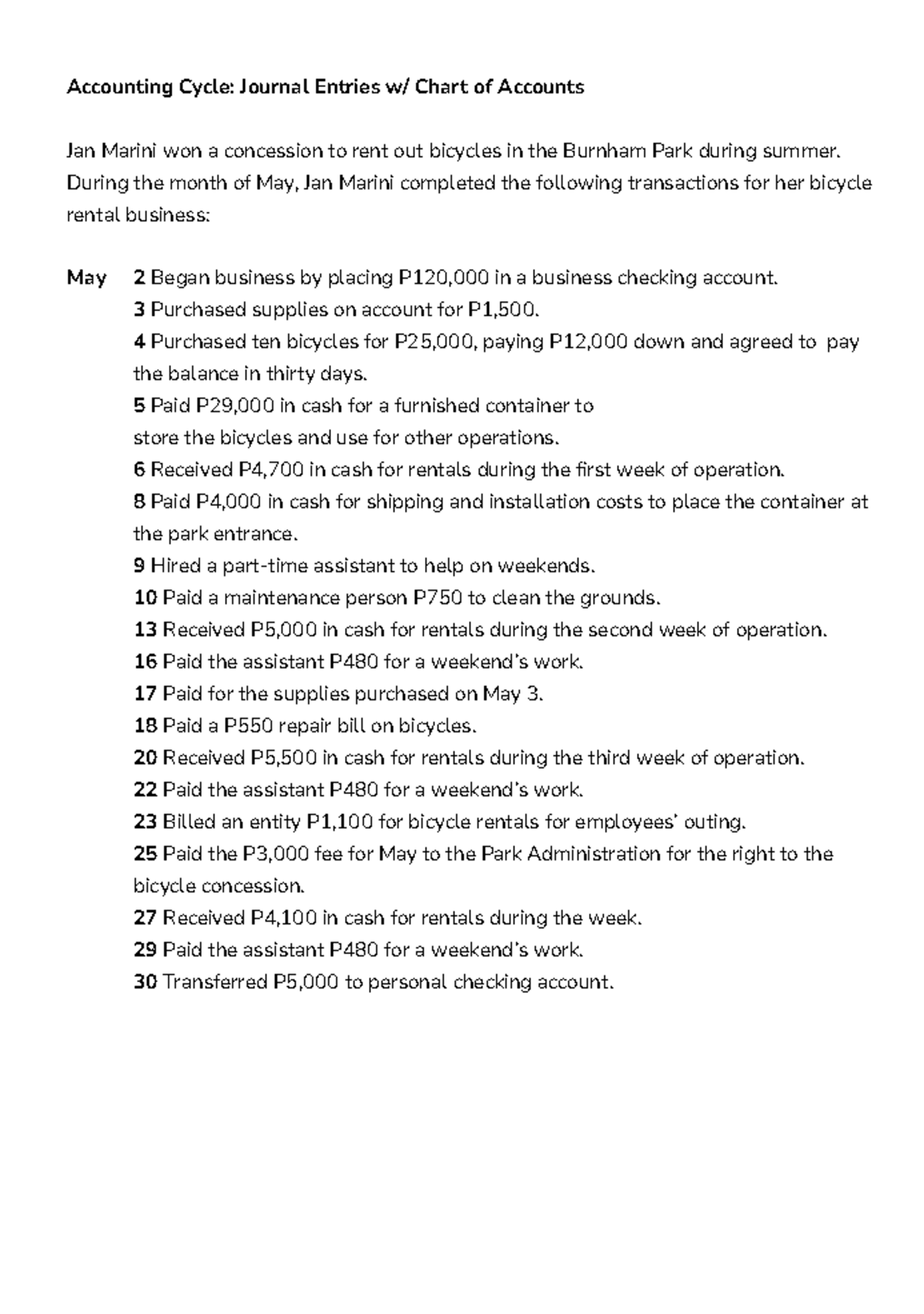 ACFAR - Practice Notes - Accounting Cycle: Journal Entries w/ Chart of ...