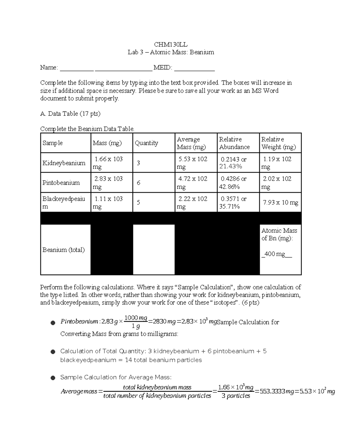 Lab 3 - CHM151LL LAB - CHM130LL Lab 3 – Atomic Mass: Beanium Name