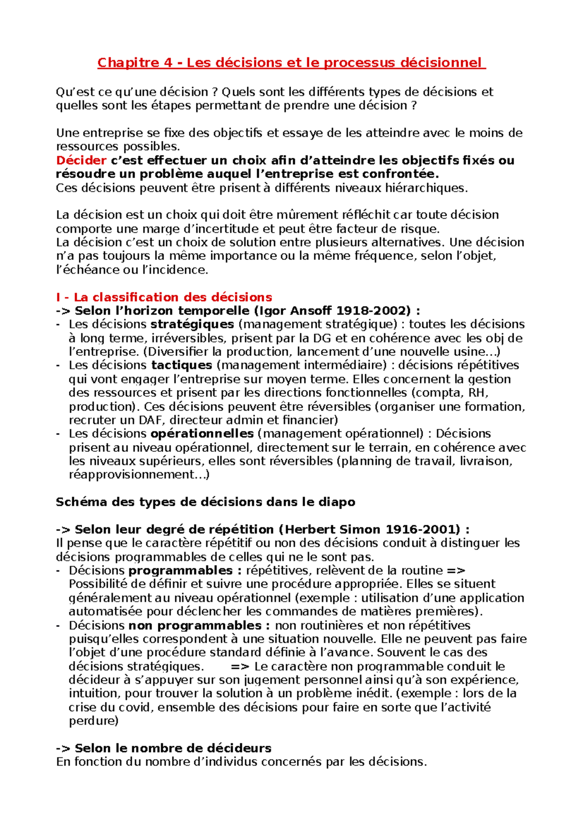 Chapitre 4 - Les décisions et le processus décisionnel - Décider c’est ...