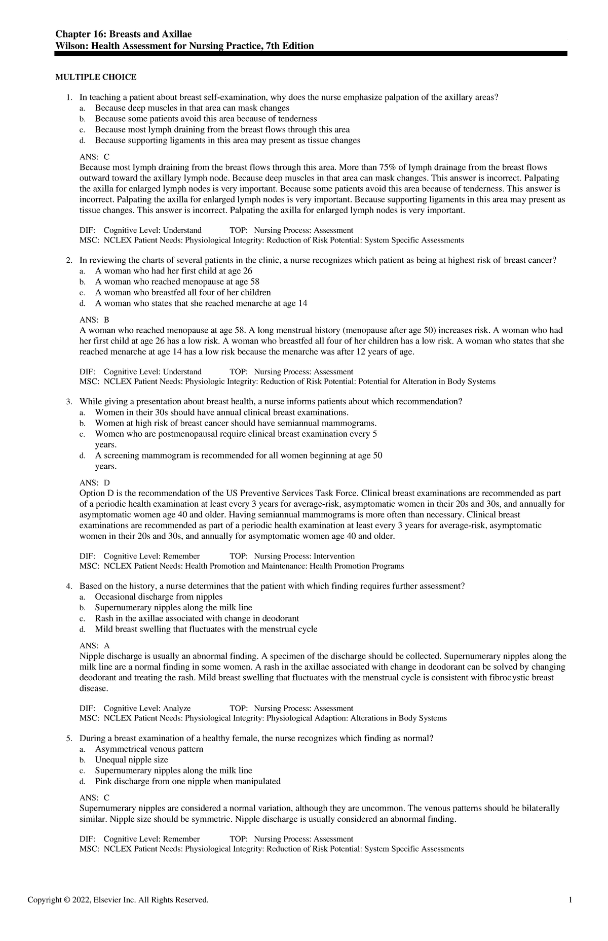 Exam View - Chapter 16 - exam prqctice - Chapter 16: Breasts and Axillae Wilson: Health ...