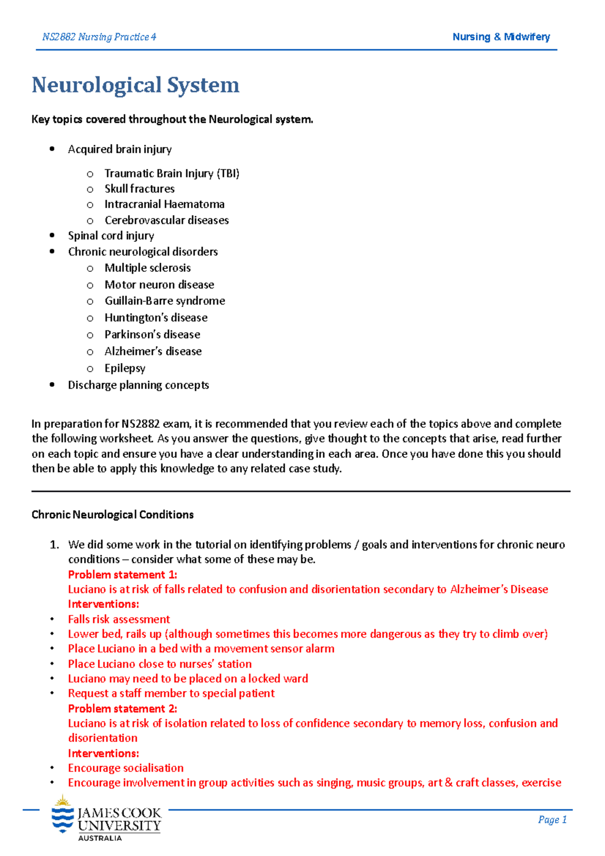 NS2882 Neuro Exam Prep Worksheet Final 2021 - Neurological System Key ...