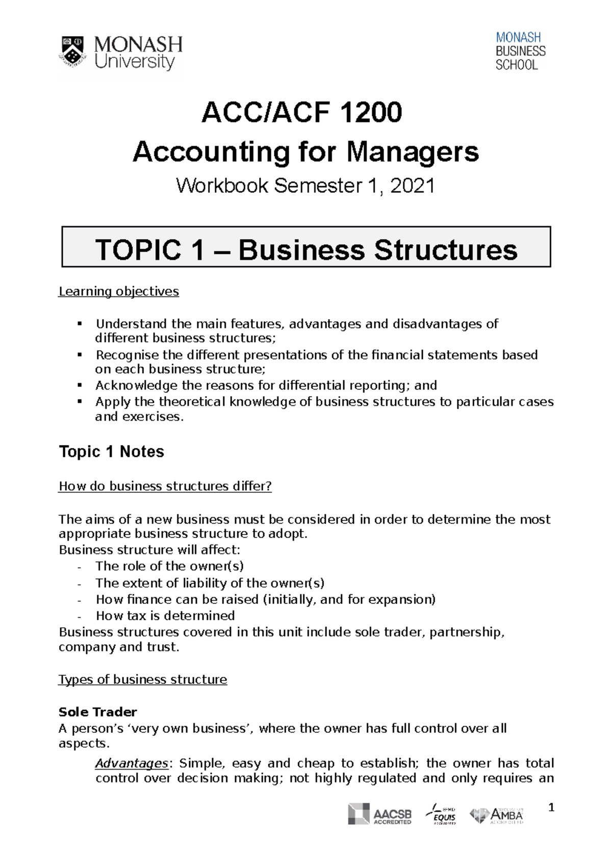 ACC ACF1200 Workbook Topic 1 - ACC/ACF 1200 Accounting for Managers Workbook Semester 1, 2021 ...